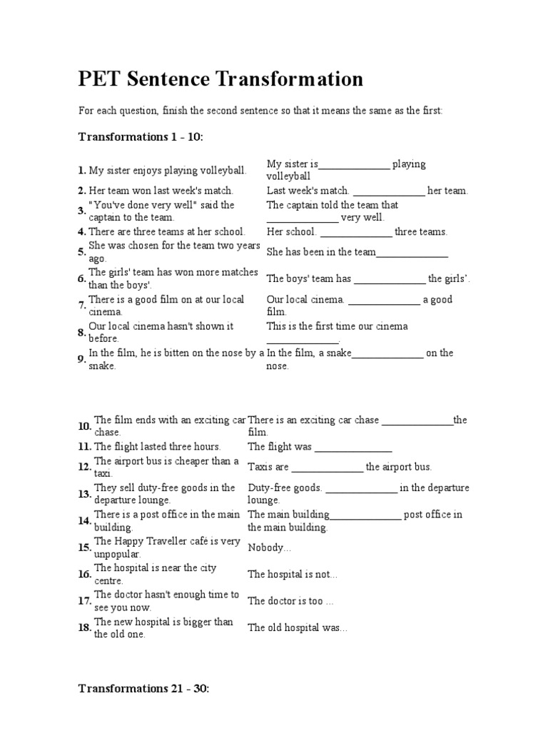 PET Sentence Transformation | PDF | Movie Theater | Workweek And Weekend