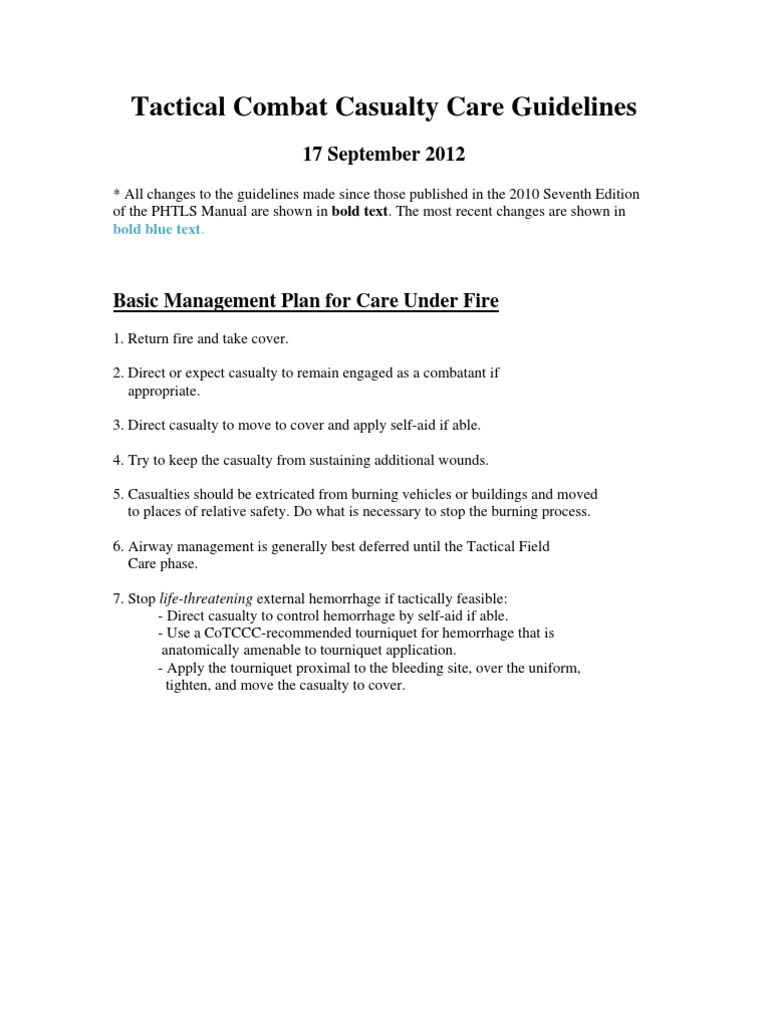 Tactical Combat Casualty Care Guidelines 17 September 2012 | PDF