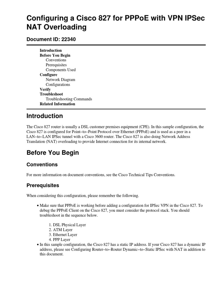 Configuring A Cisco 827 For Pppoe With VPN Ipsec Nat Overloading | PDF ...