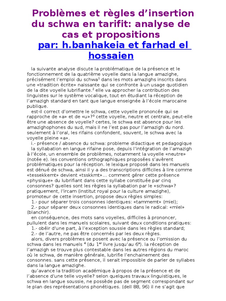 Problèmes Et Règles D'insertion Du Schwa en Tarifit Analyse de Cas Et ...