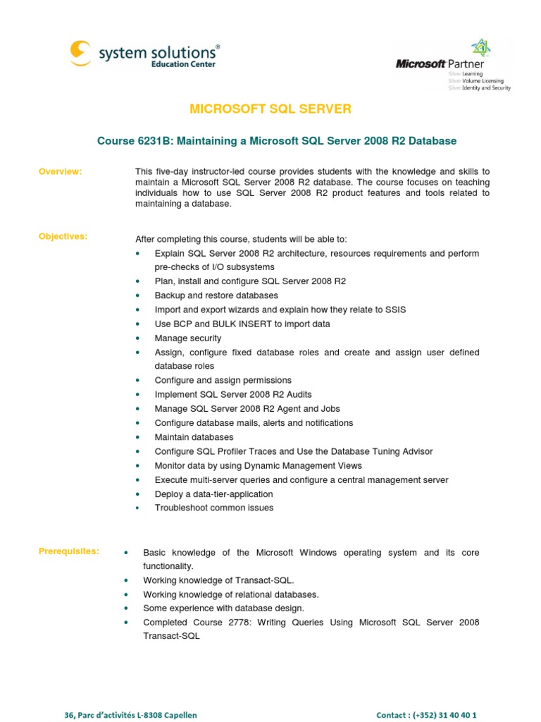 Course 6231B Microsoft SQL Server | PDF | Microsoft Sql Server | Backup