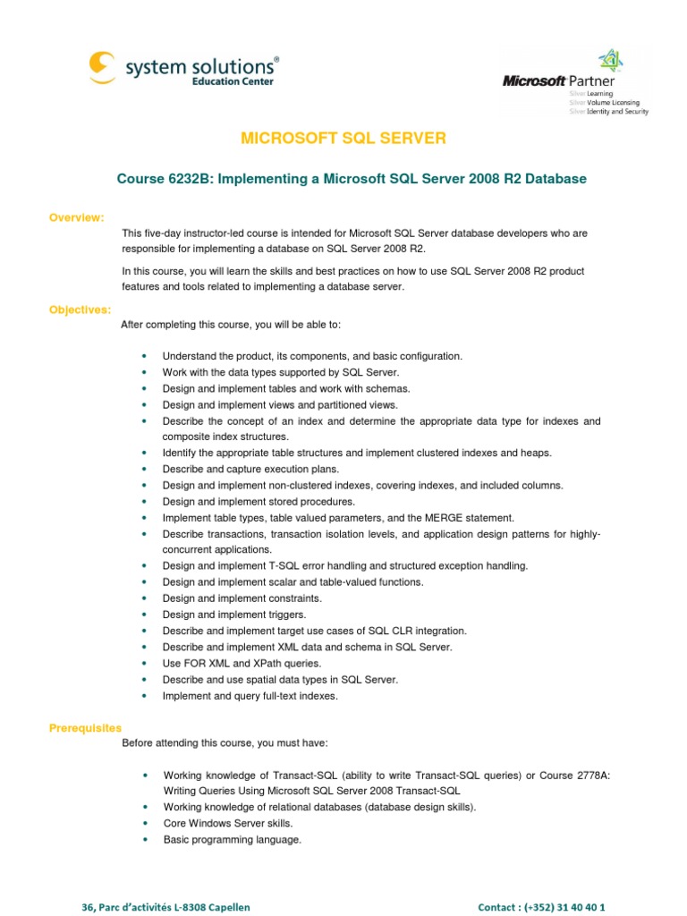 Course 6232B Microsoft SQL Server | PDF | Microsoft Sql Server ...