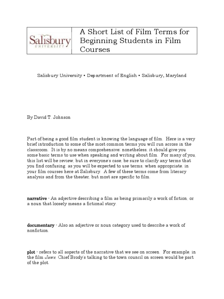 A Short List of Film Terms For Beginning Students in Film Courses | PDF ...