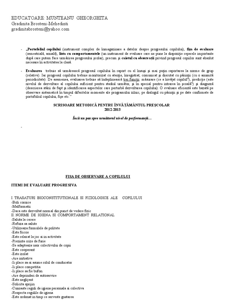 Fisa de Observare A Copilului | PDF