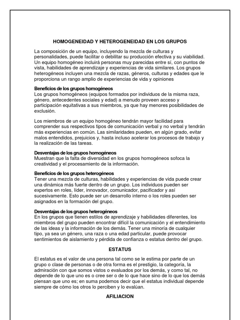 Homogeneidad y Heterogeneidad en Grupos | PDF | Comunicación | Liderazgo