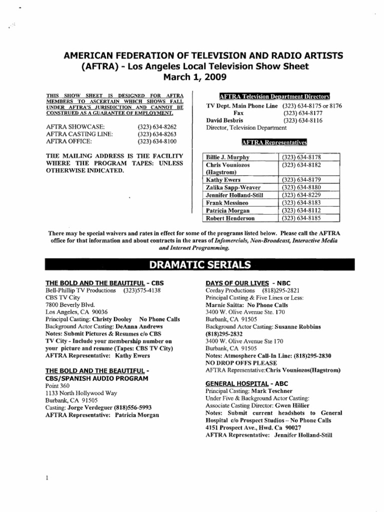 AFTRA Los Angeles Local Show Sheet | PDF | Hollywood | American ...