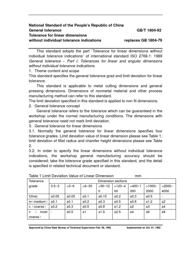 GB/T 1804-92 Linear Tolerance Standard | PDF | Engineering Tolerance ...