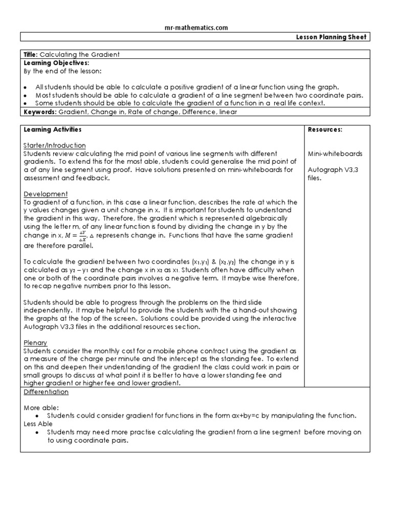 Lesson Planning Gradient | PDF | Gradient | Derivative