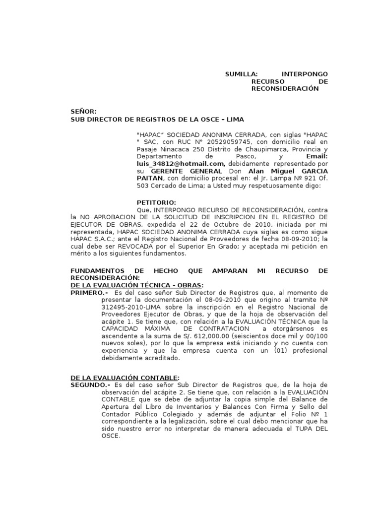 Recurso de Reconsideracion Osce Lima Hapac | PDF | Contador | Gobierno