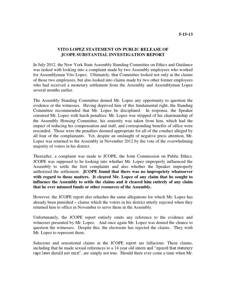 Press Release On Public Release of JCOPE Report | Download Free PDF ...