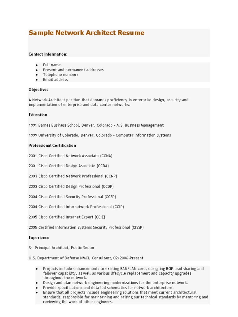 Network Architect Resume Sample | PDF | Data Center | Cisco Certifications