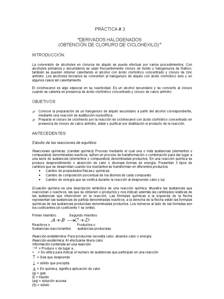 Obtención de Cloruro de Ciclohexilo | PDF | Reacciones químicas | Cloro