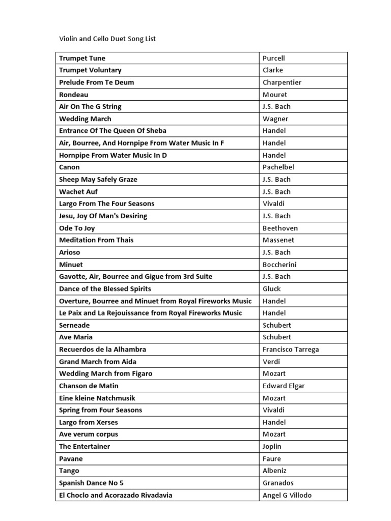 Violin and Cello Duet Song List | PDF