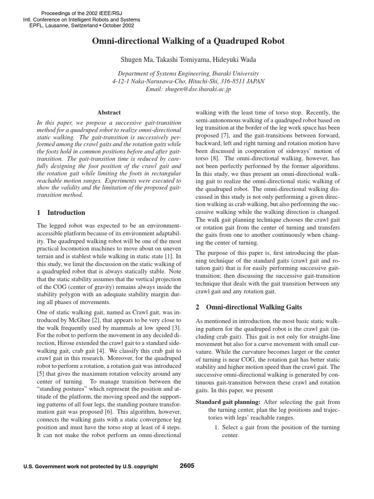 Omni-Directional Walking of A Quadruped Robot: Shugen Ma, Takashi ...