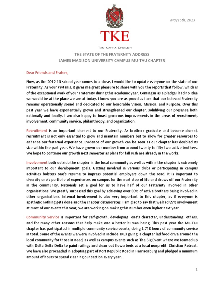 State of The Fraternity Address | PDF | Fraternities And Sororities