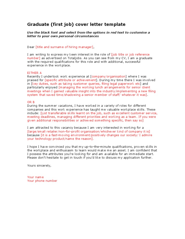 Graduate (first job) cover letter template