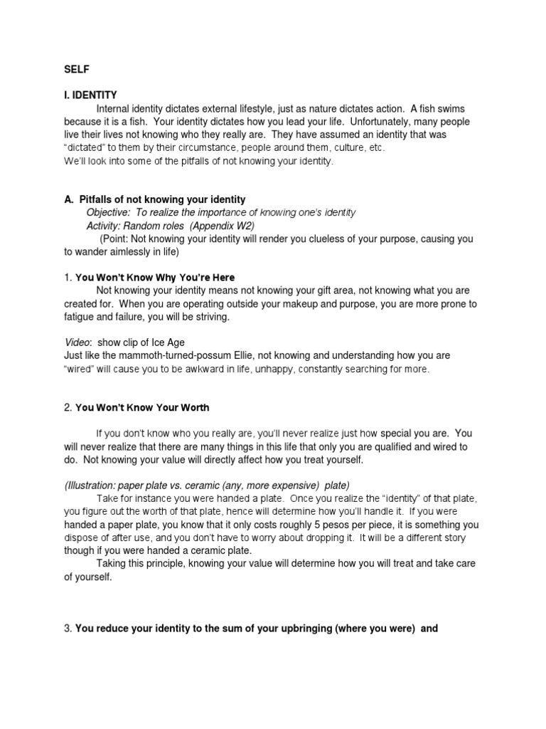Self I. Identity: Ance of Knowing One's Identity Activity: Random Roles ...