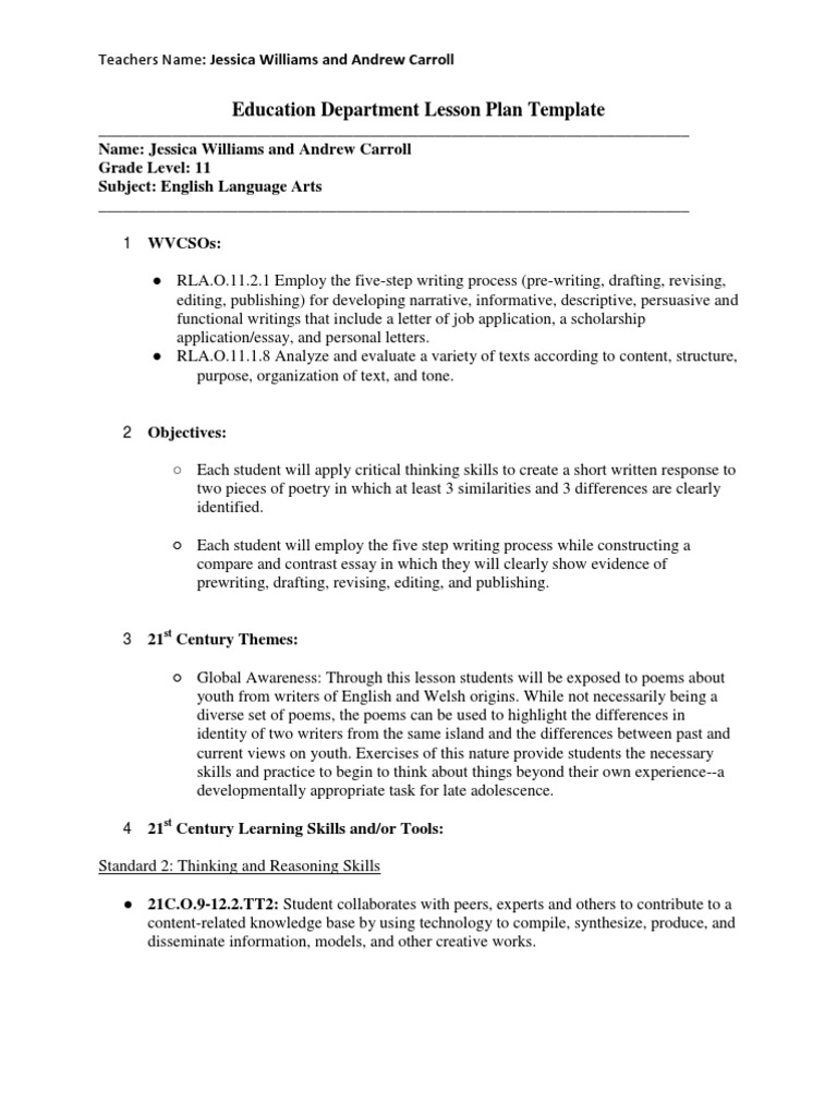 Lesson Plan Sample: 11th Grade English | PDF | Essays | Rubric (Academic)