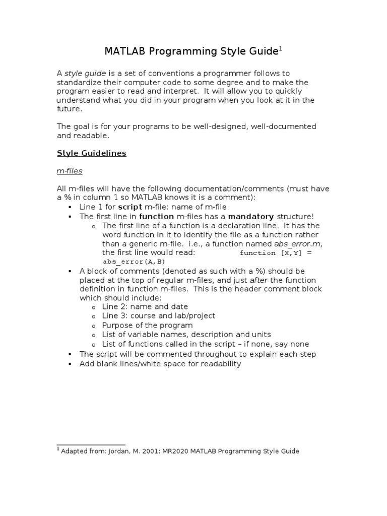 Matlab Programming Style Guide Pdf C Programming Language Computer Engineering 