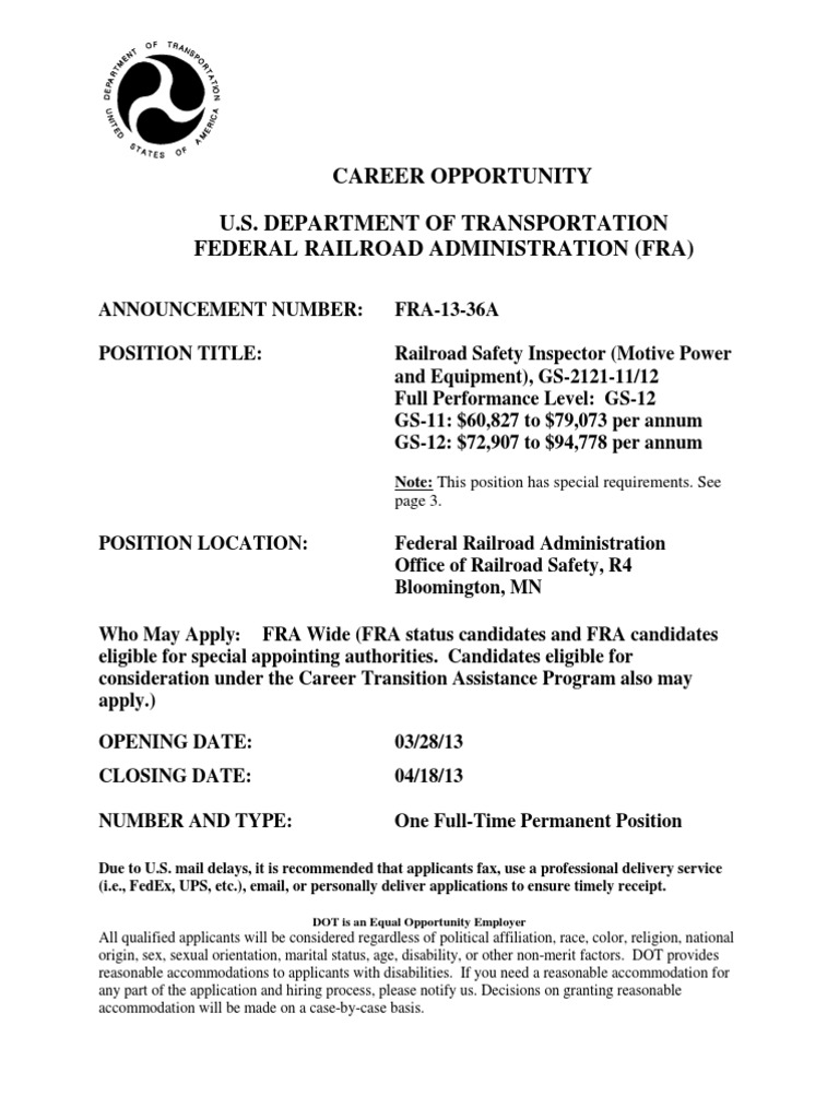 FRA Inspector Application | PDF | Rail Transport | Employee Benefits