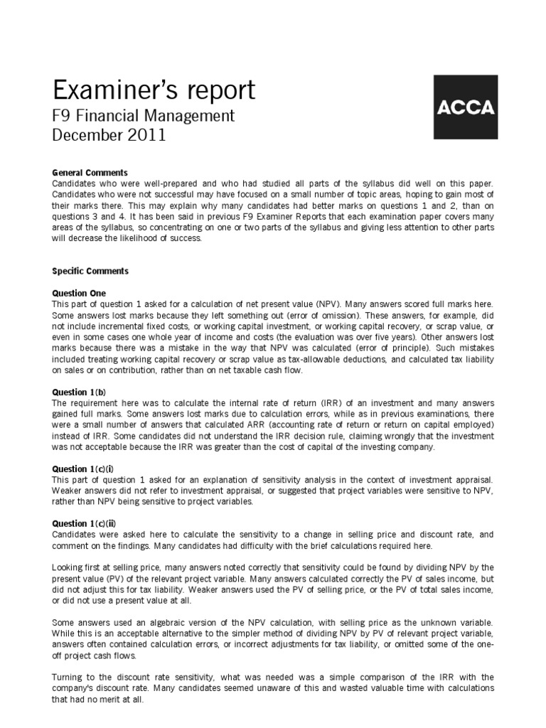 Examiner's Report: F9 Financial Management December 2011 | PDF | Cost ...