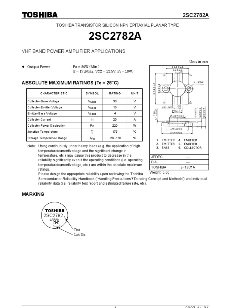 VHF Band Power Amplifier Applications: Absolute Maximum Ratings (TC 25°C) | PDF | Reliability ...