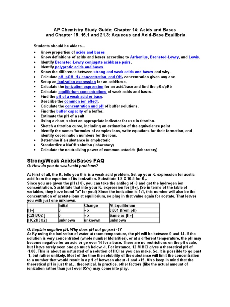 AP Chemistry Study Guide: Chapter 14: Acids and Bases and Chapter 15 ...