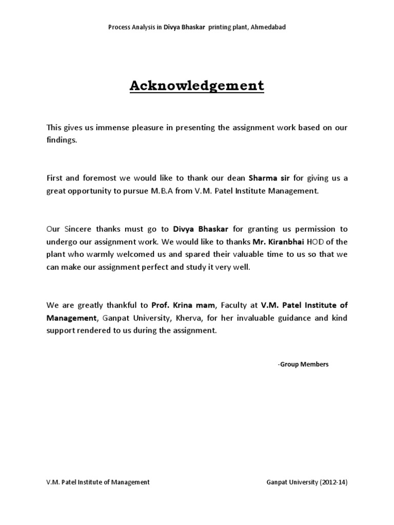 Acknowledgement: Management, Ganpat University, Kherva, For Her ...