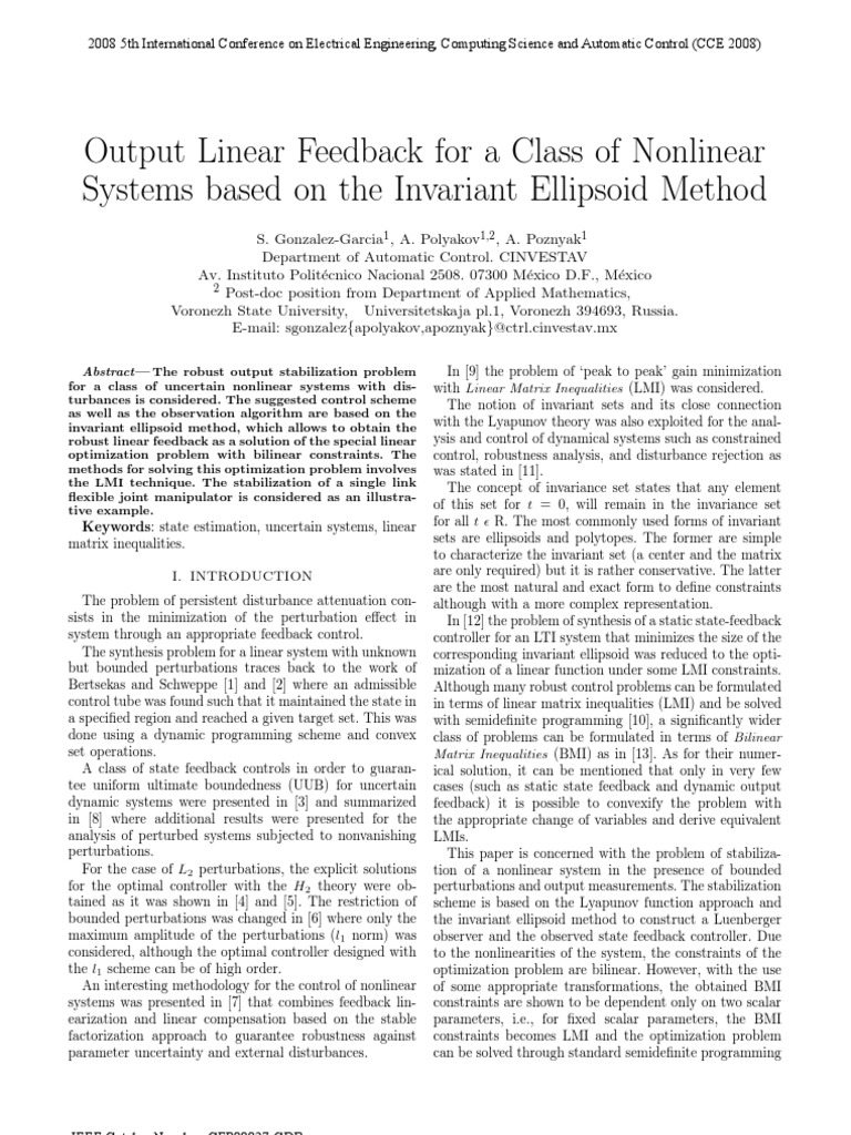 Output Linear Feedback For A Class of Nonlinear Systems Based On The Invariant Ellipsoid Method ...