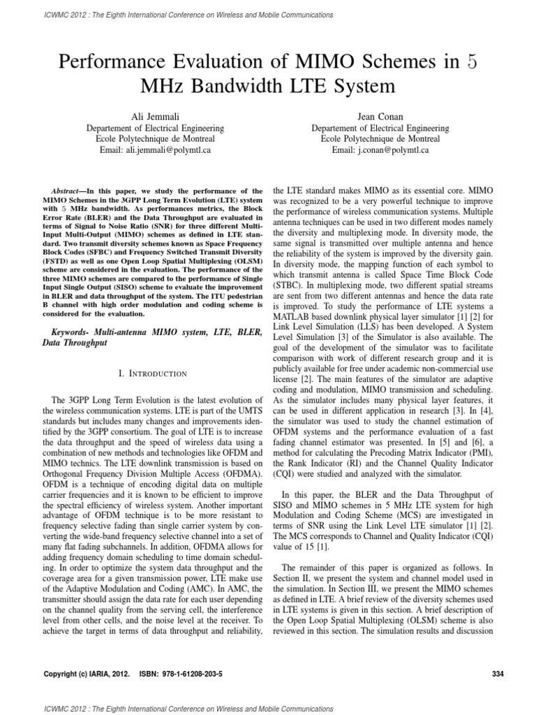 Performance Evaluation of Mimo Schemes in MHZ Bandwidth Lte System | PDF | Mimo | Orthogonal ...