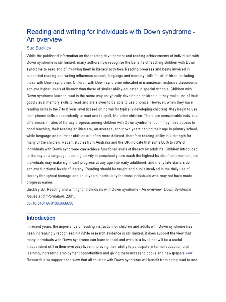 Reading and Writing For Individuals With Down Syndrome | PDF | Reading ...