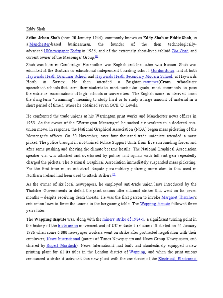 Eddy Shah: Pioneer of UK Newspapers | PDF | Newspapers | Newspaper And ...