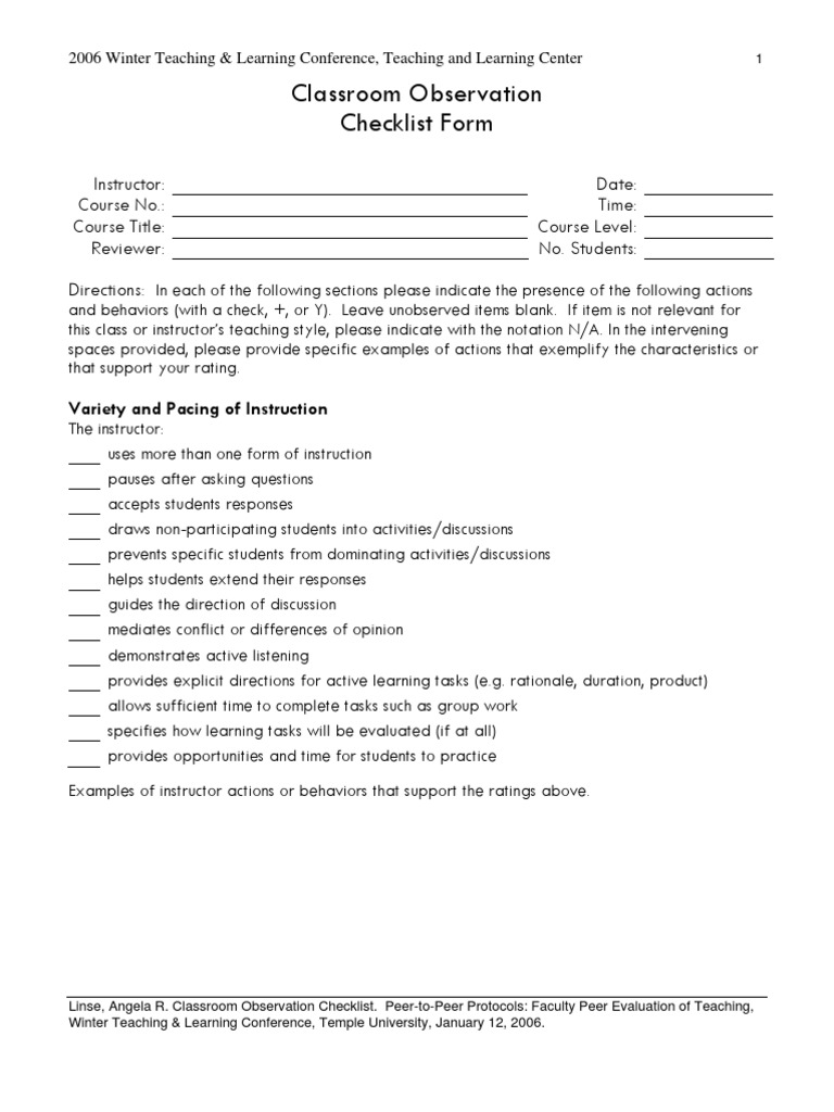 Classroom Observation Checklist | PDF | Reinforcement | Reading ...