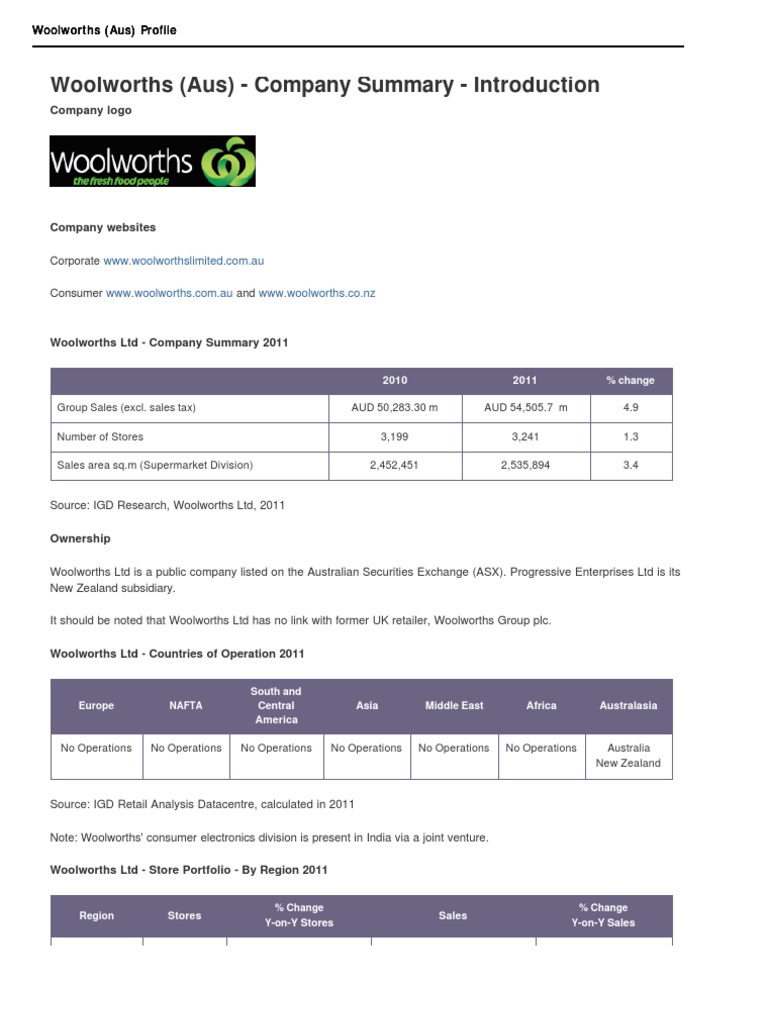 Woolworths (Aus) - Company Summary - Introduction | PDF | Retail ...