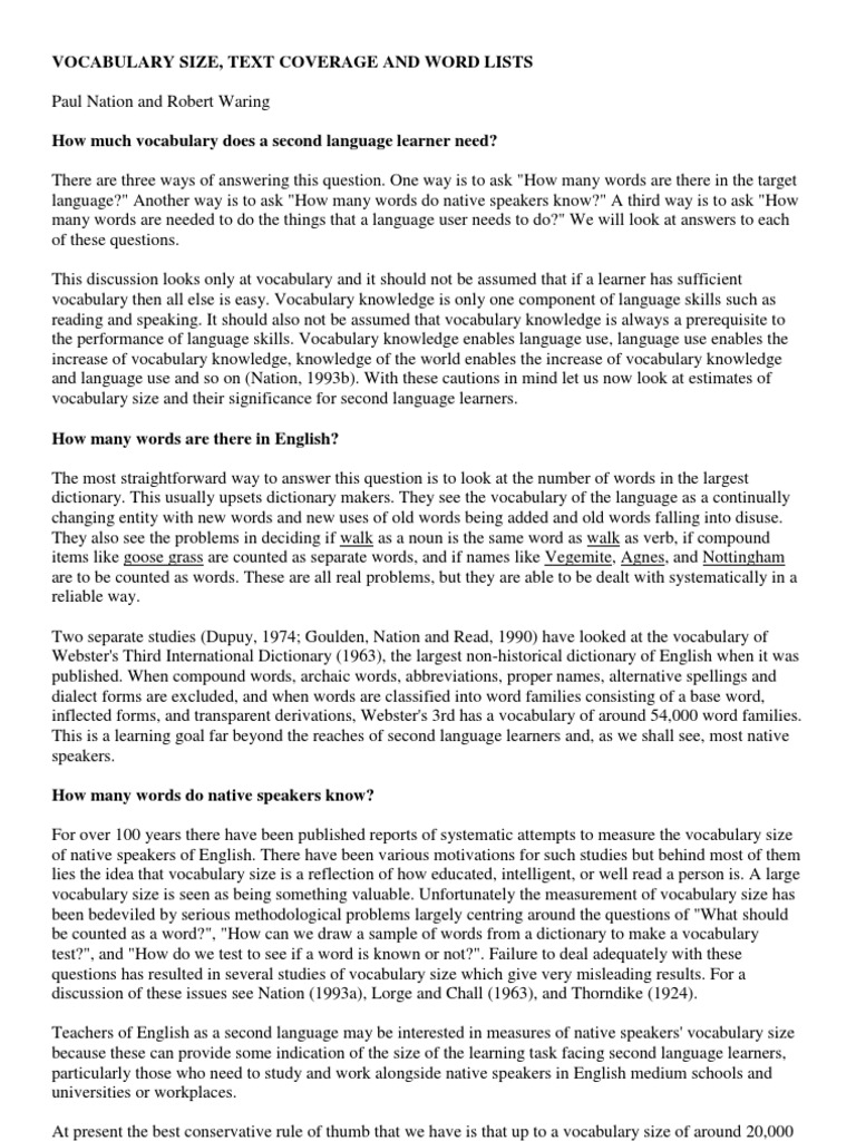 Vocabulary Size, Text Coverage and Word Lists | PDF | Vocabulary ...