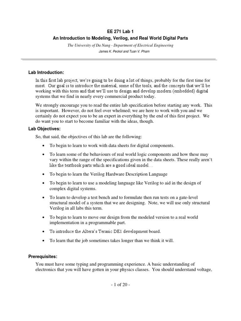 EE 271 Lab 1 An Introduction To Modeling, Verilog, and Real World Digital Parts | PDF | Switch ...