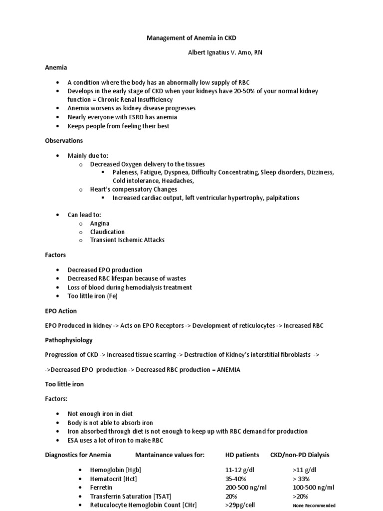 Handouts Management of Anemia in CKD | Anemia | Chronic Kidney Disease