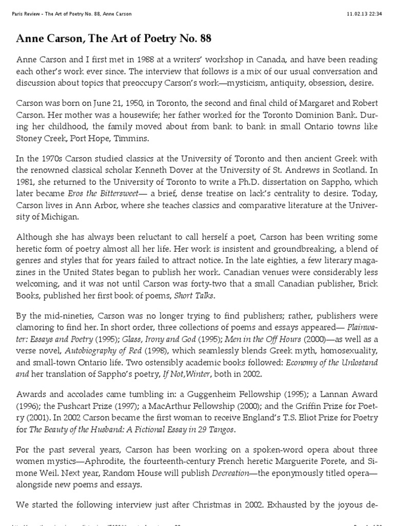 Paris Review - The Art of Poetry No. 88, Anne Carson | PDF | Poetry ...