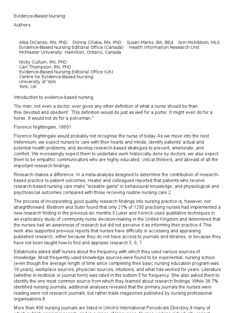 Evidence Based Nursing Sample | Evidence Based Medicine | Systematic Review