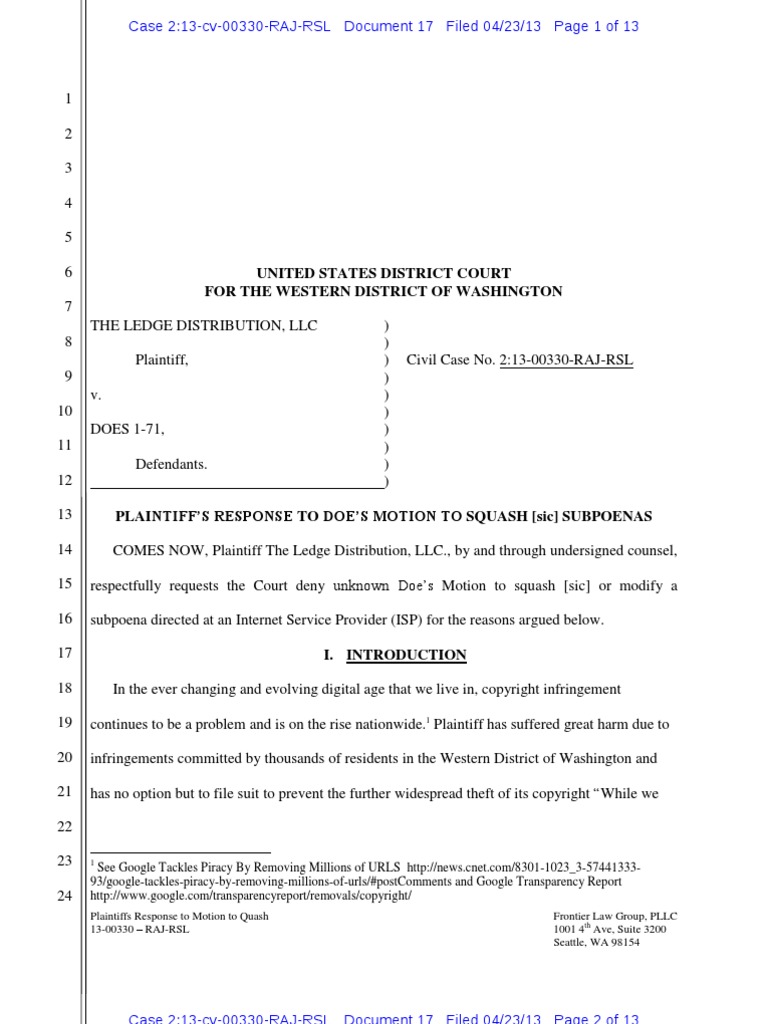 Document 17 - Plaintiff Response To Motion To Quash | PDF | Copyright ...