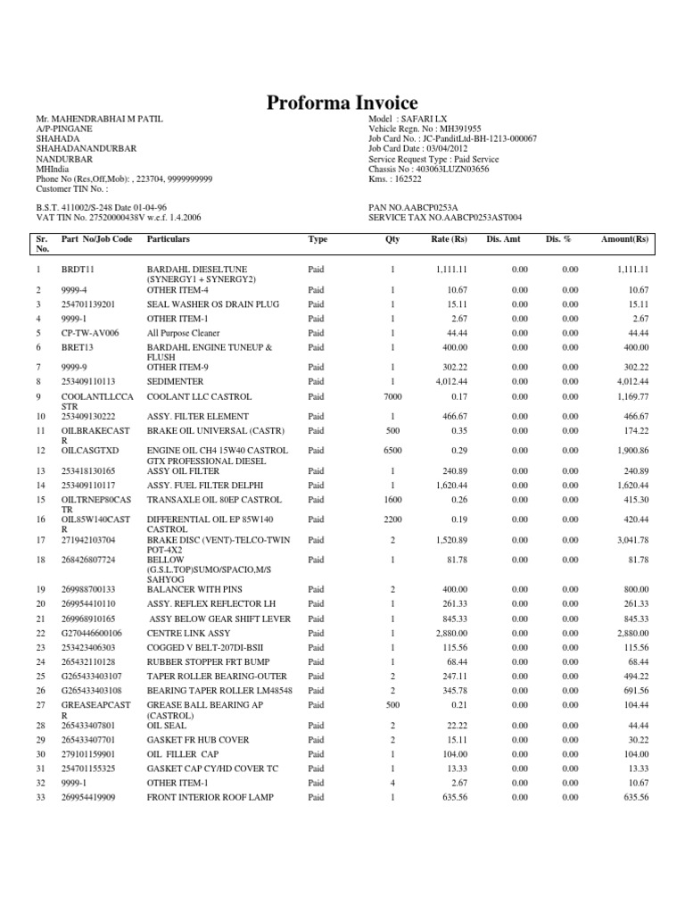 Safari Service Bill | Invoice | Automotive Industry