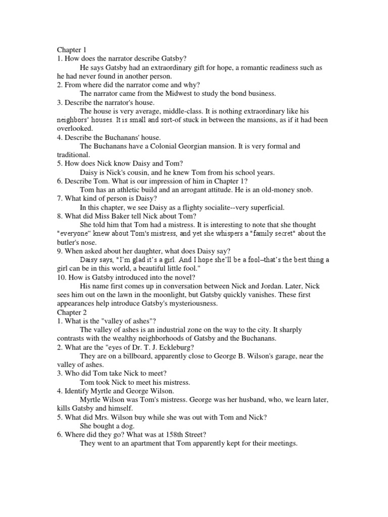 The Great Gatsby Questions & Answers (Chapter 1-5) | PDF | The Great ...
