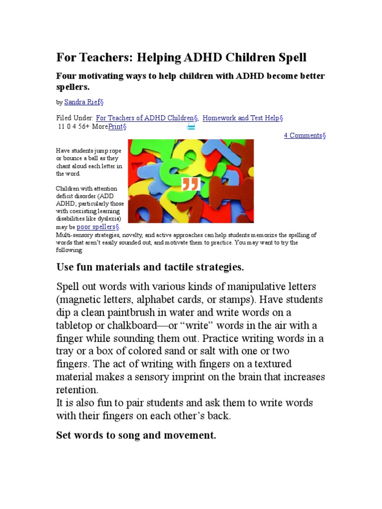 For Teachers: Helping ADHD Children Spell: Four Motivating Ways To Help ...