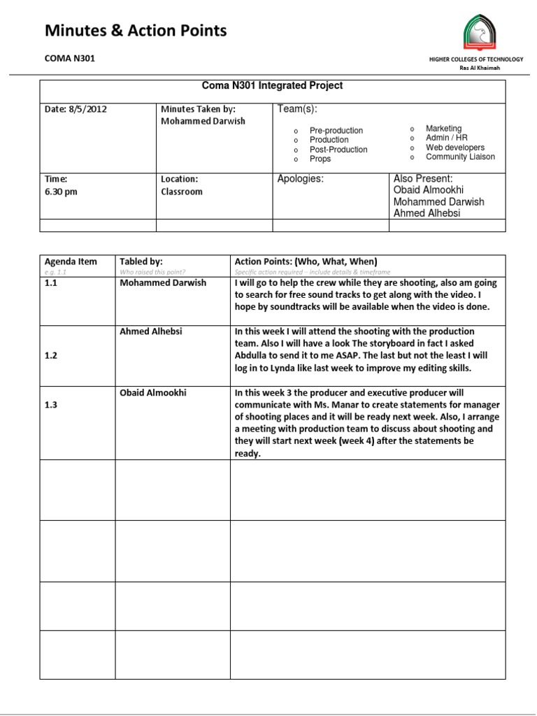 03 01 Post Production Minutes Action Points | PDF