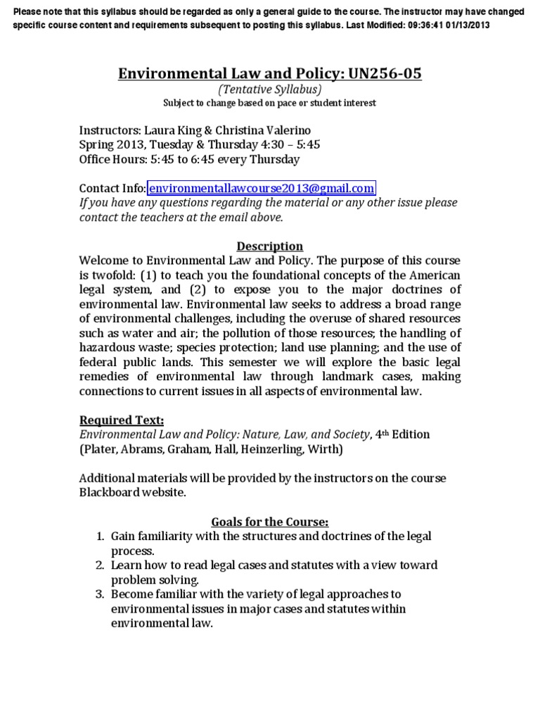Environmental Law Course Syllabus 2013 | PDF | Environmental Law ...