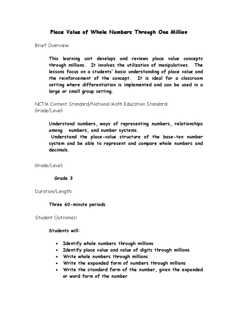Place Value Whole Numbers | PDF | Educational Assessment | Learning