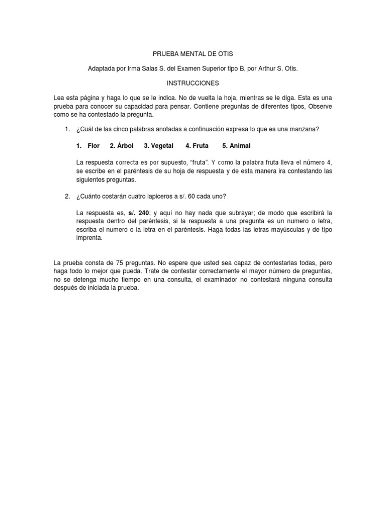 Prueba Mental de Otis: Instrucciones y Preguntas | PDF | Ira | Naturaleza