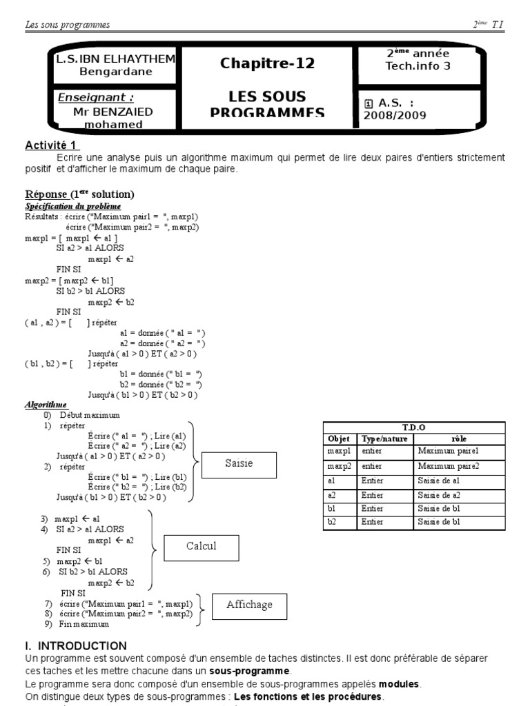 Ch12 - Sous Programmes | PDF | Booléen | Programme informatique