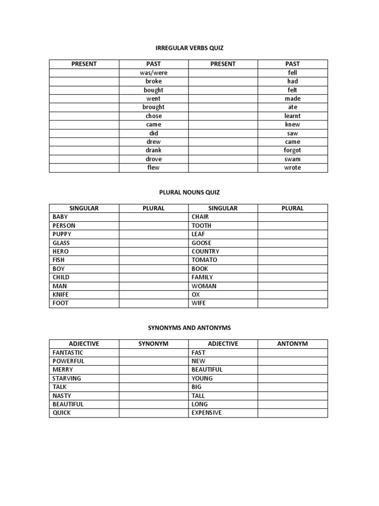 Irregular Verbs Quiz Present Past Present Past | PDF