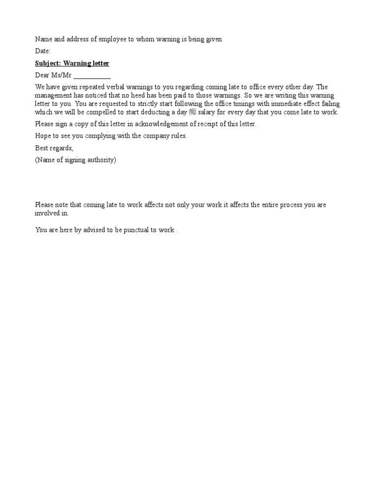 Warning Letter For Late Coming | PDF | Government | Business